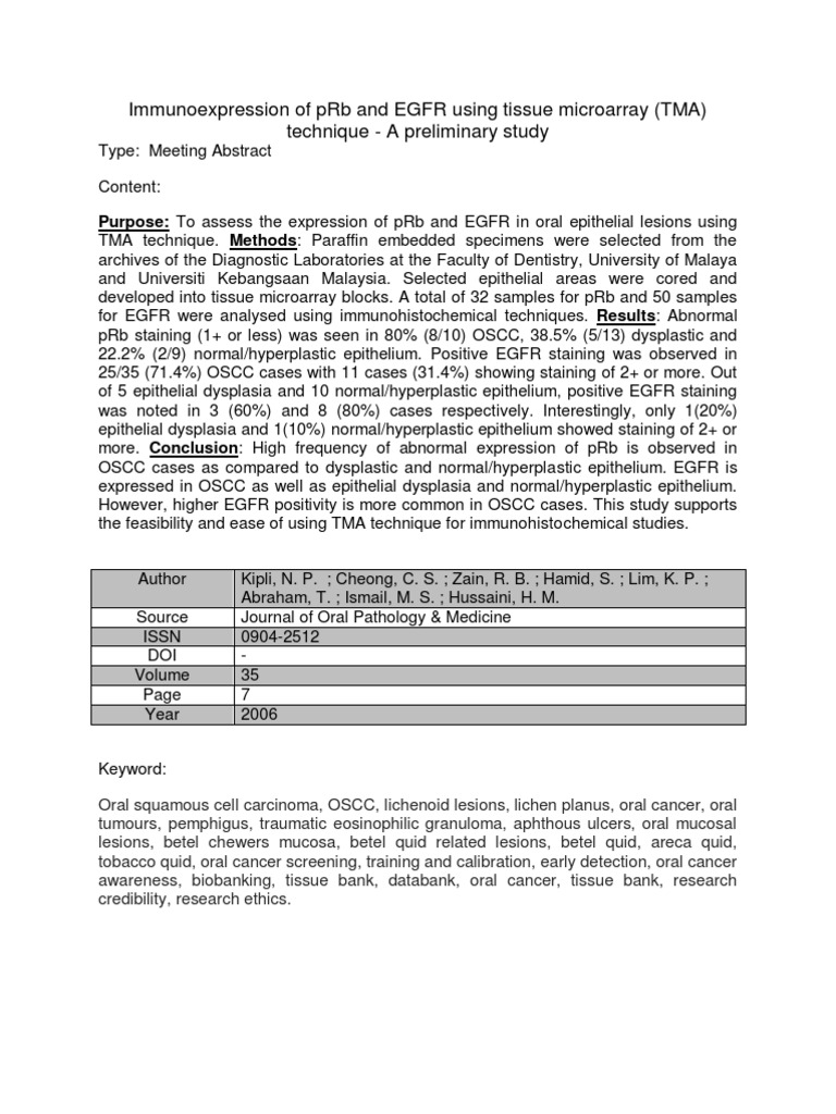 Immunoexpression of PRB and EGFR Using Tissue Micro Array (TMA) Technique - A Preliminary Study ...