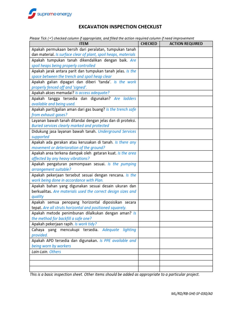 SHE-SF-030 Excavation Inspection Checklist | PDF