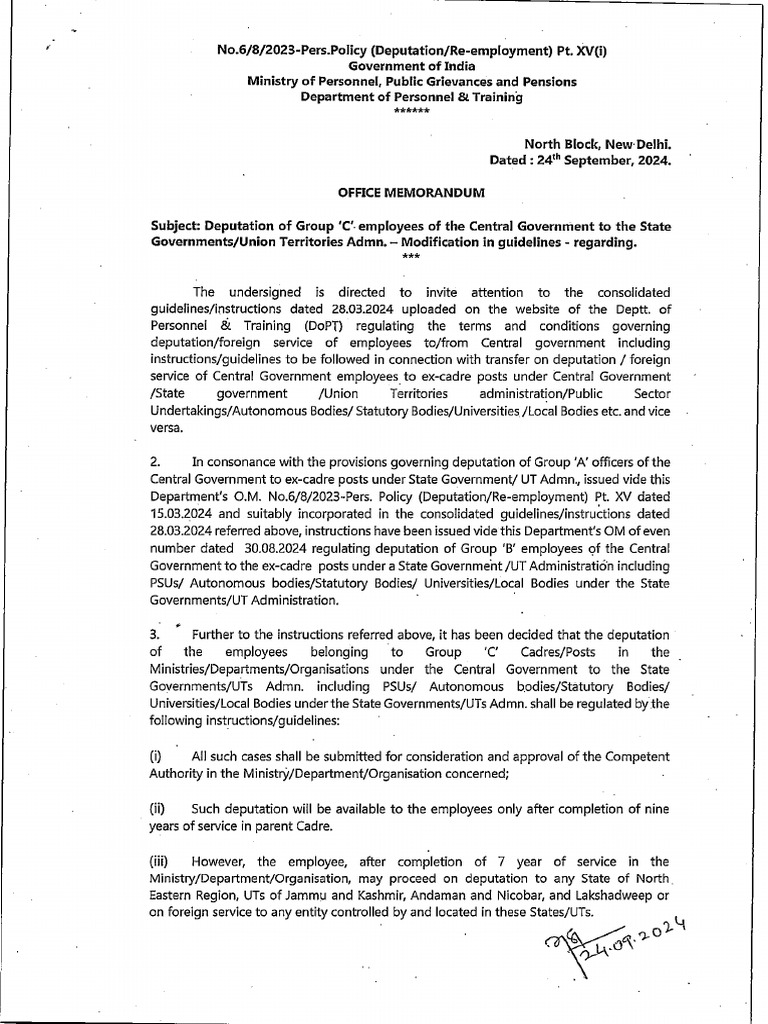Deputation Guidelines For Group C Employees | PDF