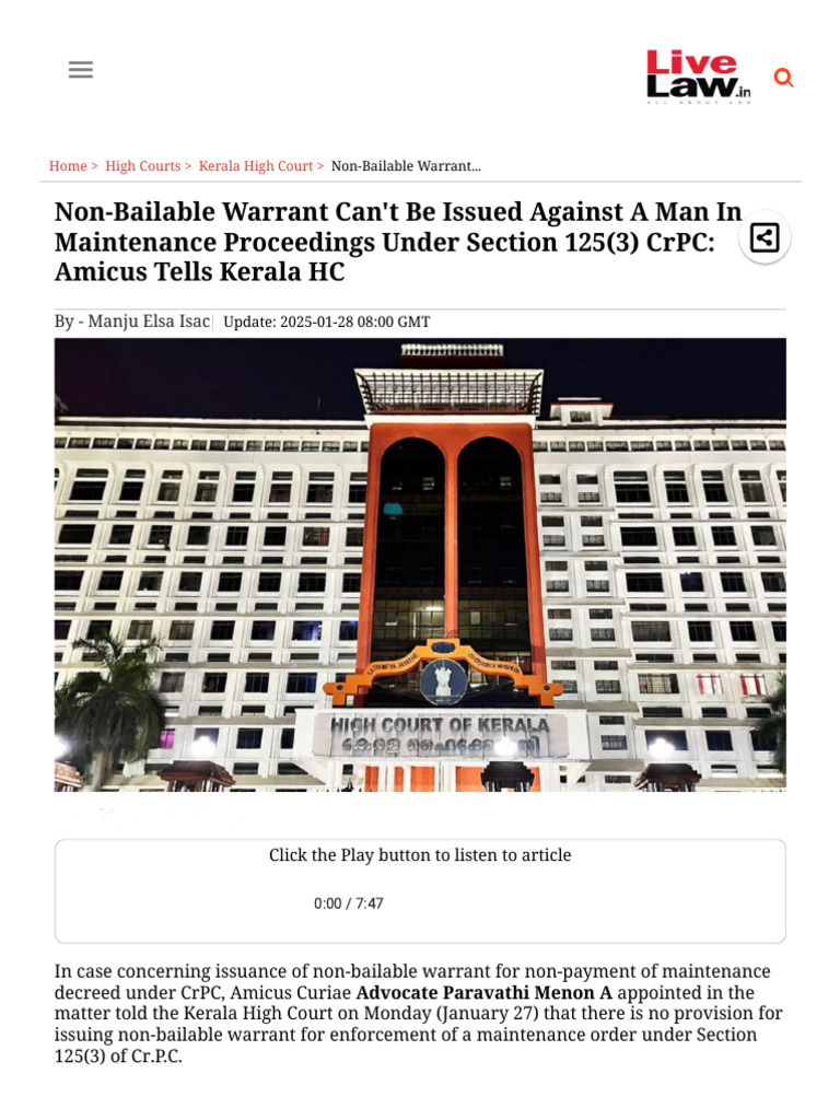 Non-Bailable Warrant Can't Be Issued Against A Man in Maintenance Proceedings Under Section 125 ...