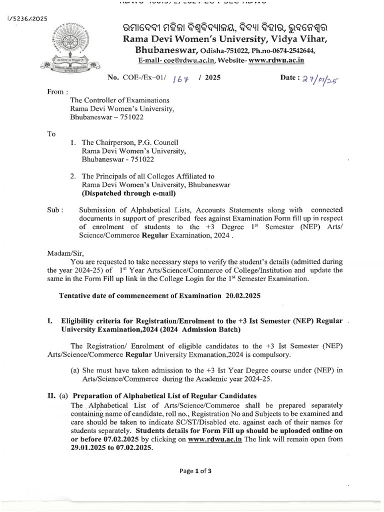 167 - UG 1st Sem. Form Fill-Up, 2024 | PDF