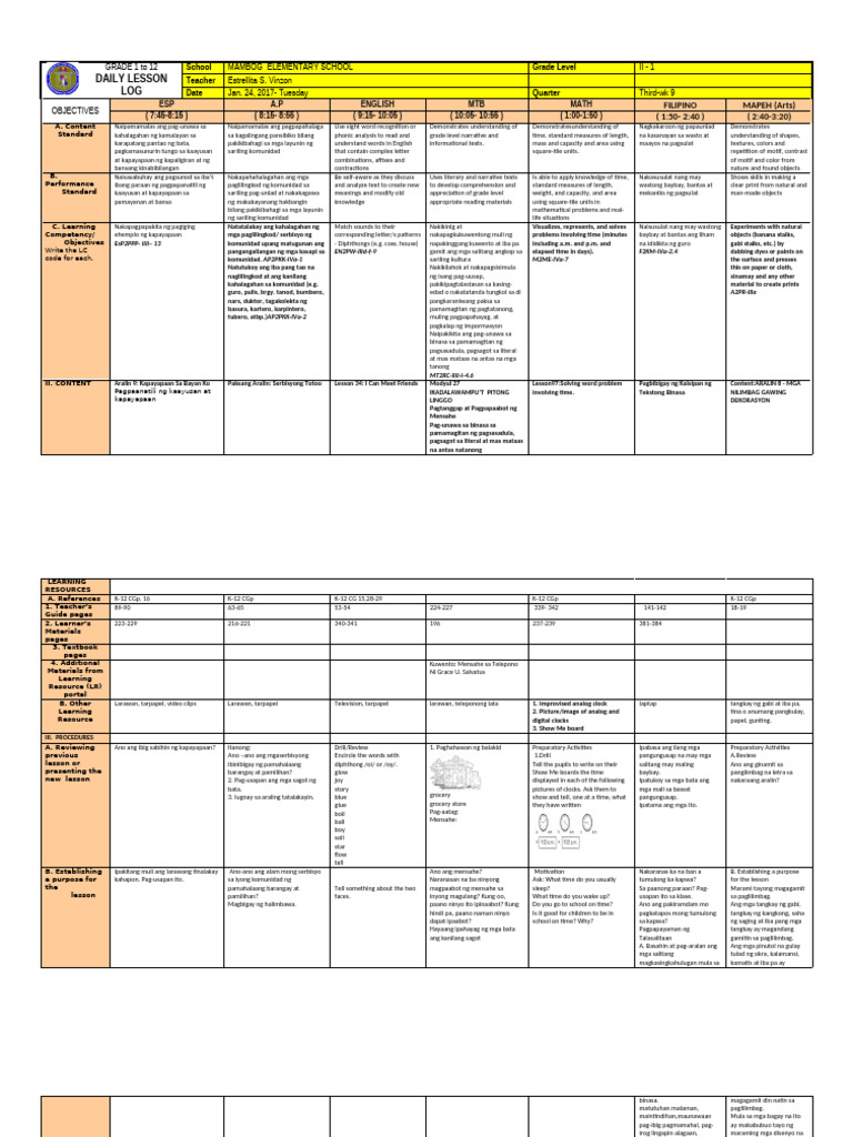 G2 DLL Q4 Week 1 All Subjects Day 2 | PDF