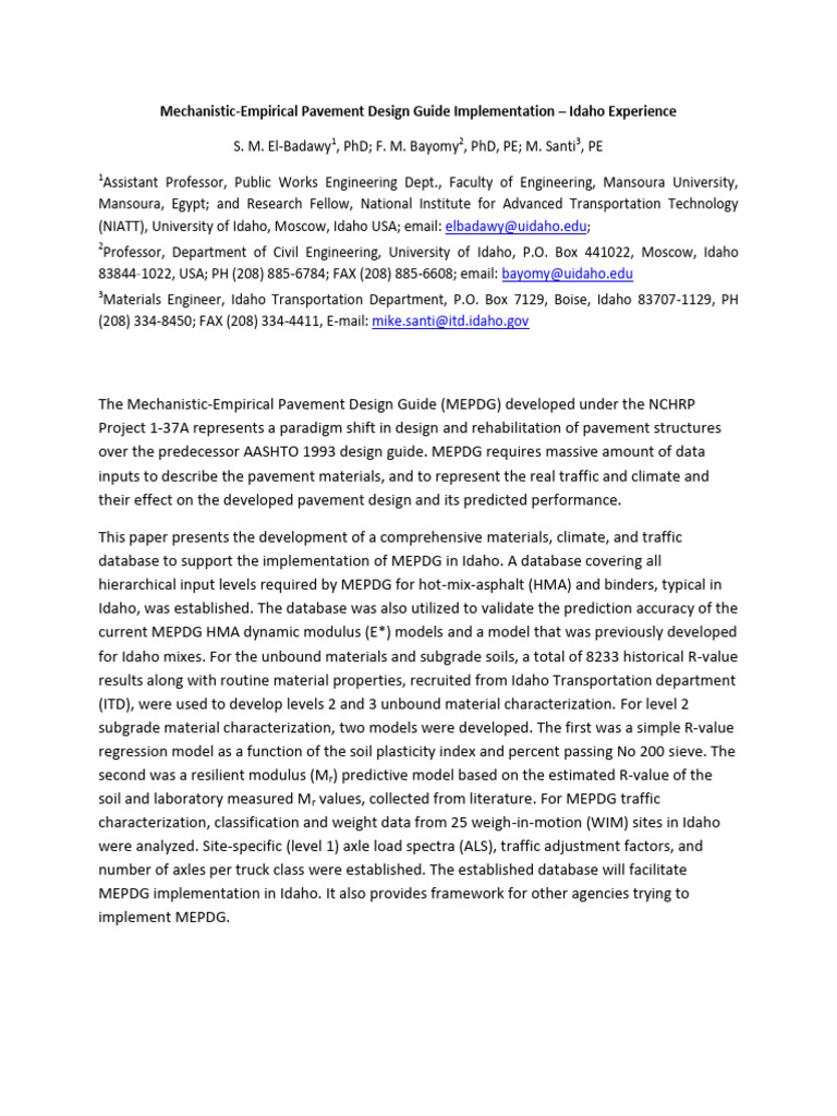 MESAT-013 Mechanistic-Empirical Pavement Design Guide Implementation - Idaho Experience | PDF