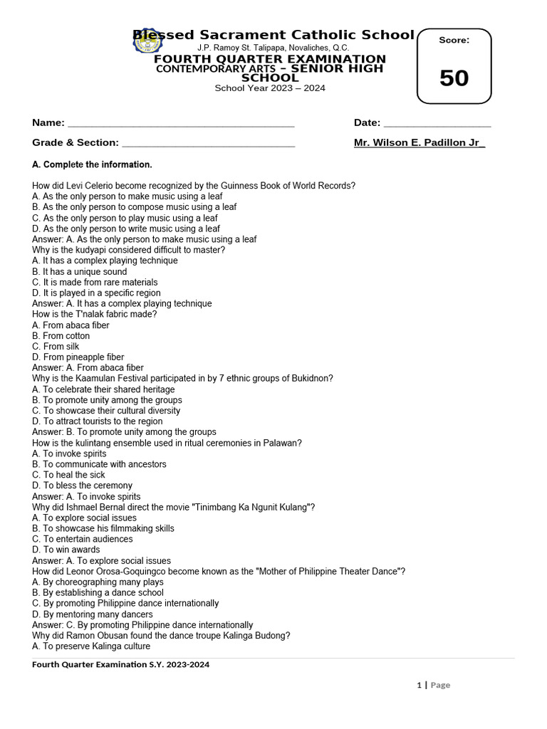 CAPR Exam 4th Answer Key QTR 2023-24 | PDF | Textiles | Loom
