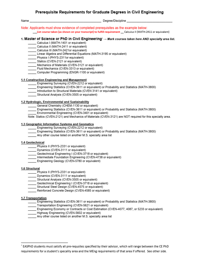 Cven Grad Prereqs Rev0420 | PDF | Engineering | Civil Engineering