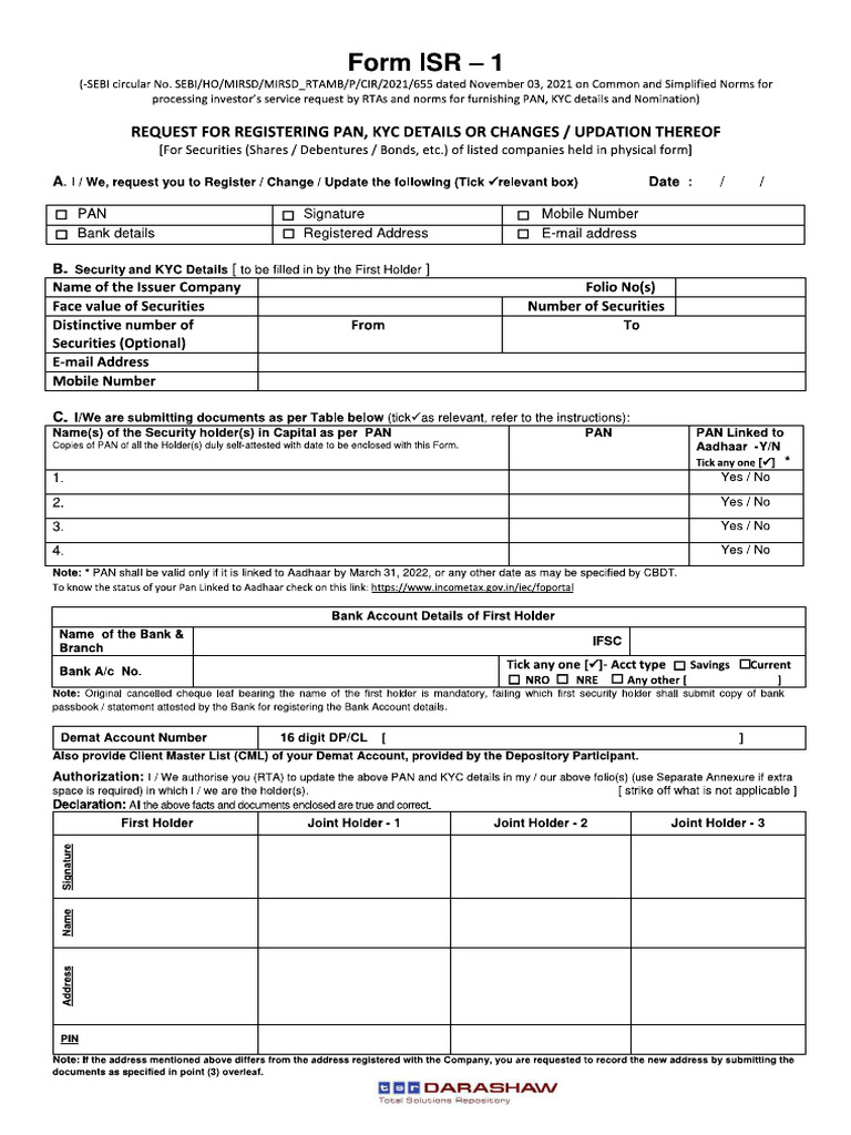 Form ISR-1 - Request Form For Registering Pan - Bank - KYC | PDF