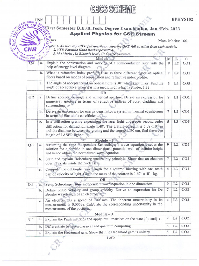 VTU Question Paper of BPHYS102 Physics For CSE Stream Jan-Feb-2023 | PDF