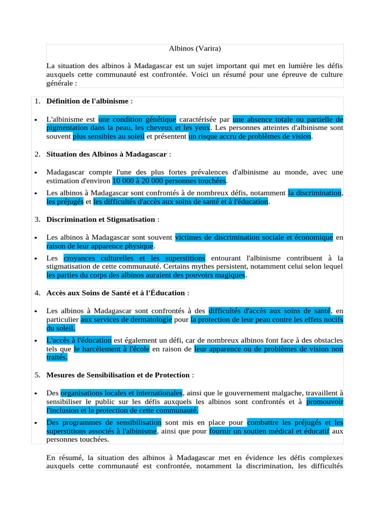Albinos à Madagascar : défis et solutions | PDF