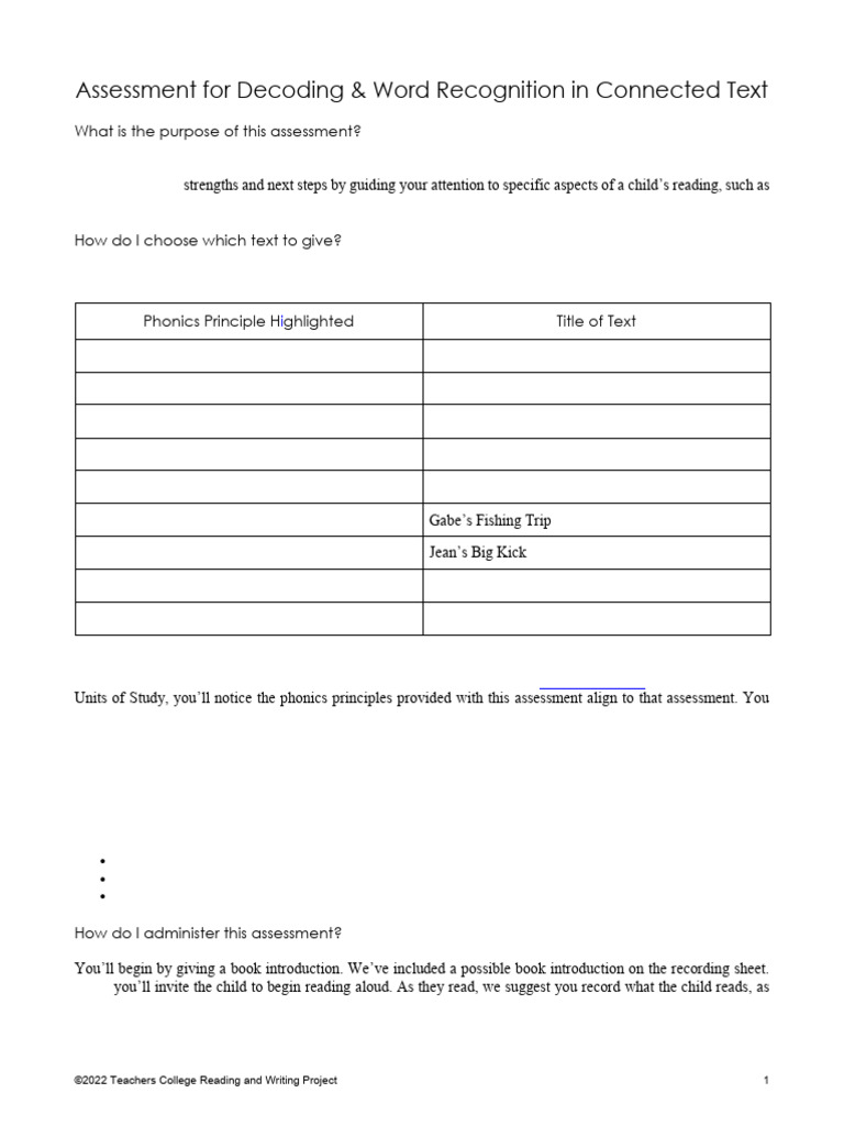 Assessment For Reading Decodable Texts - Directions and Recording ...