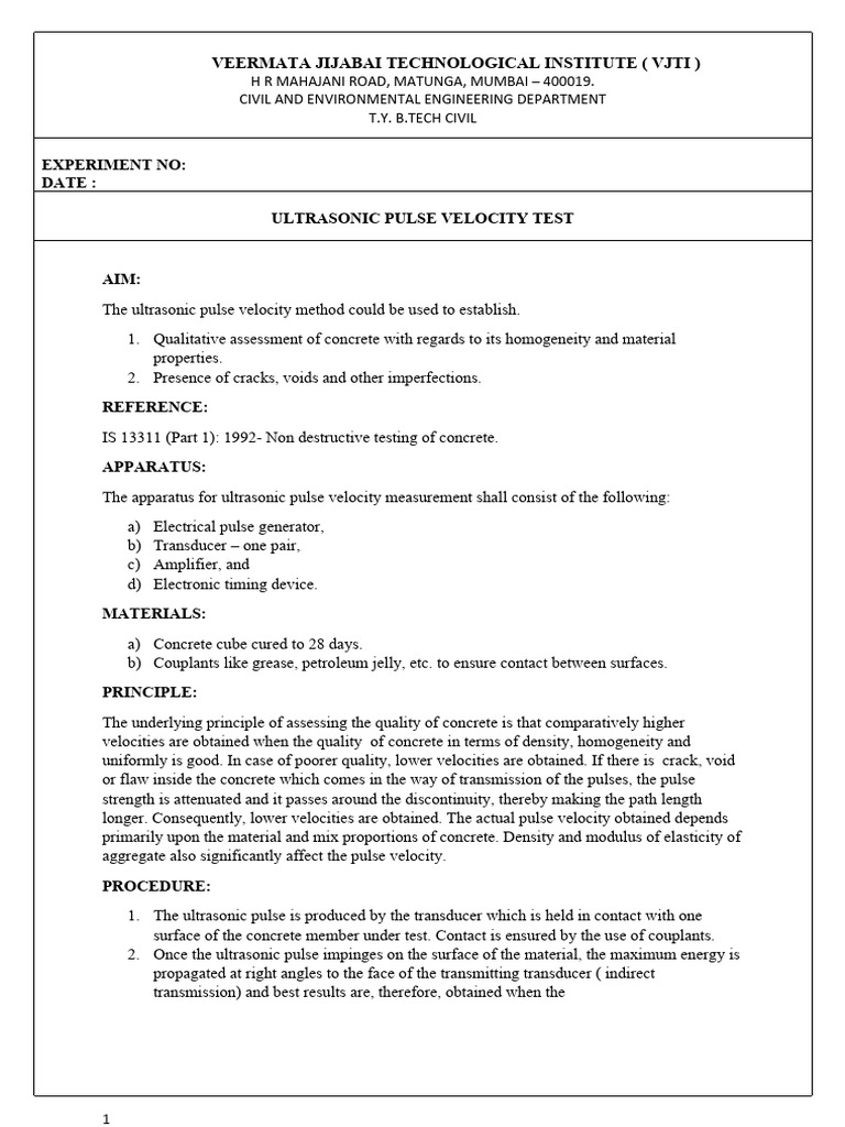 Ultrasonic Pulse Velocity Test Guide | PDF | Concrete | Ultrasound
