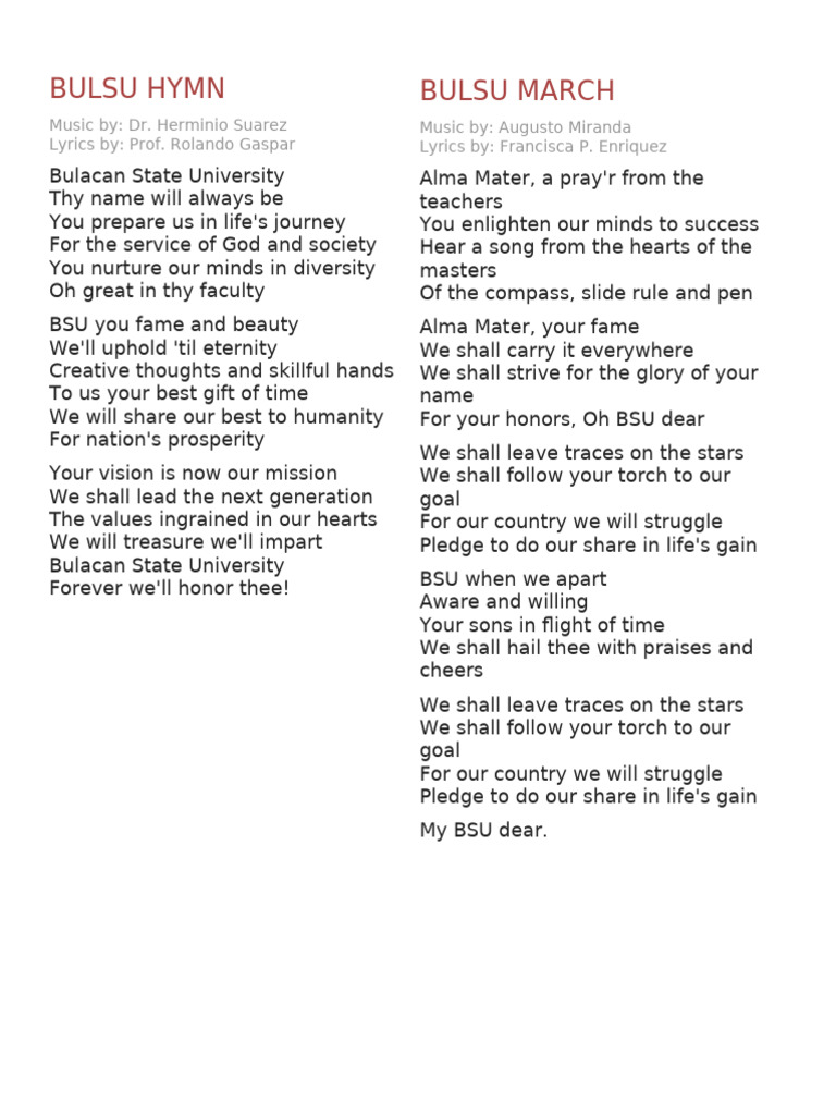 BULSU Hymn and March Lyrics | PDF