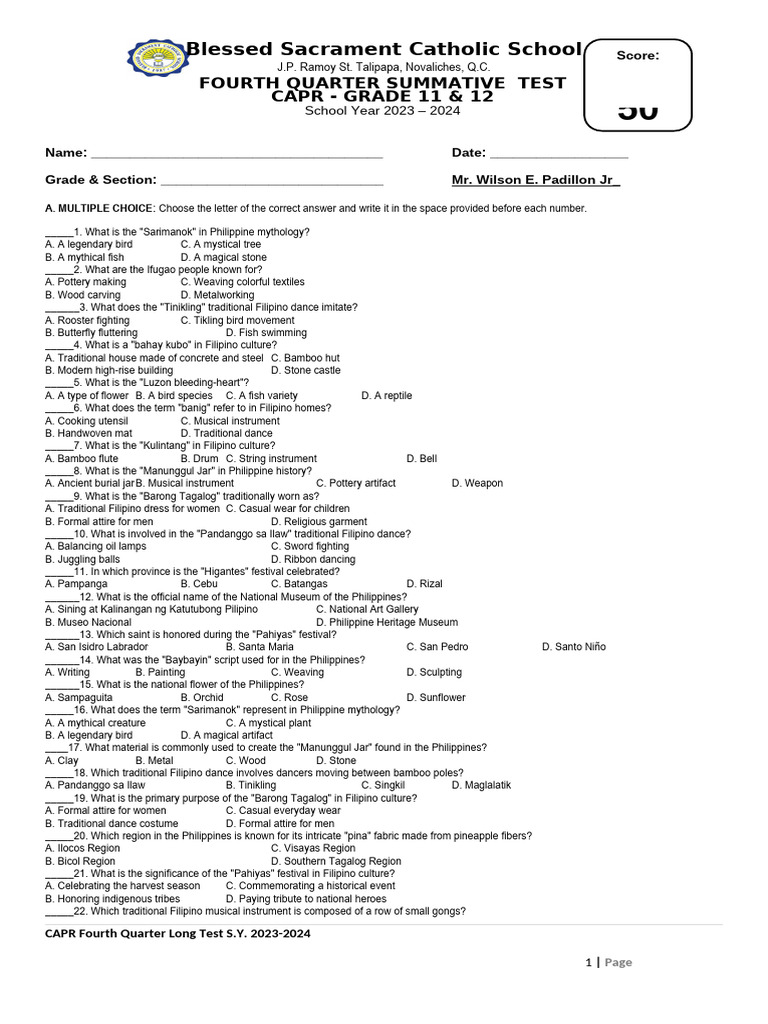 CAPR Summative Quiz 4th QTR 2024 | PDF | Philippines