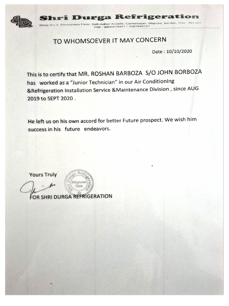 Goa Experience Certificate | PDF