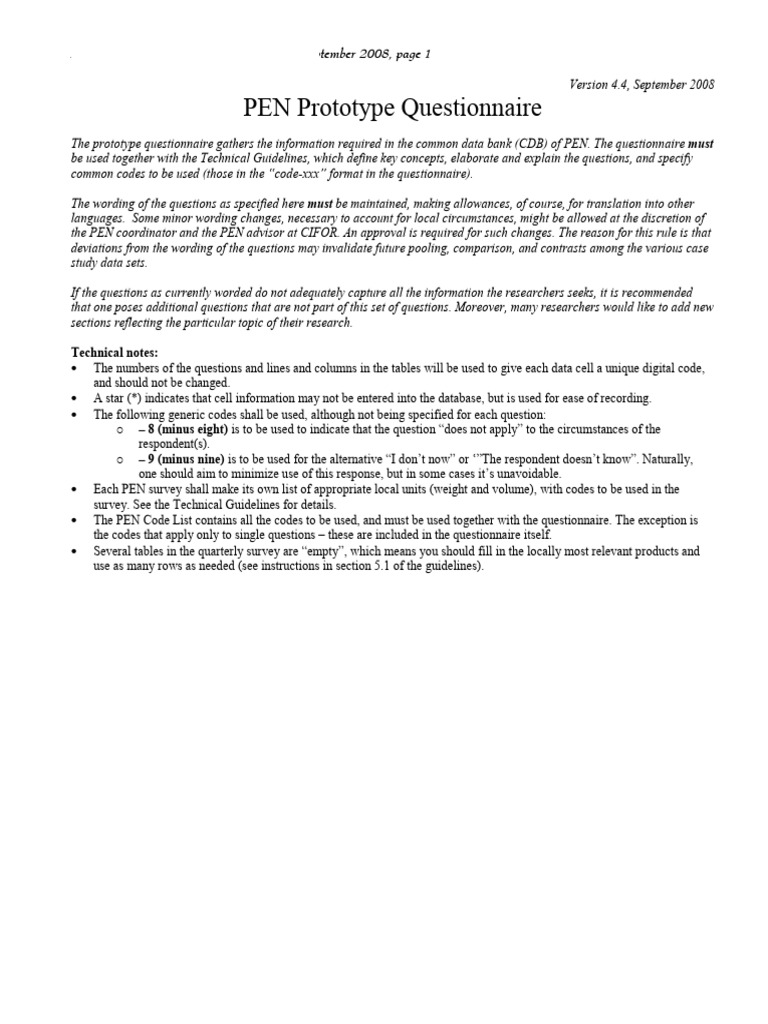 PEN Prototype Questionnaire - Version 4-4 - September 2008 | PDF ...