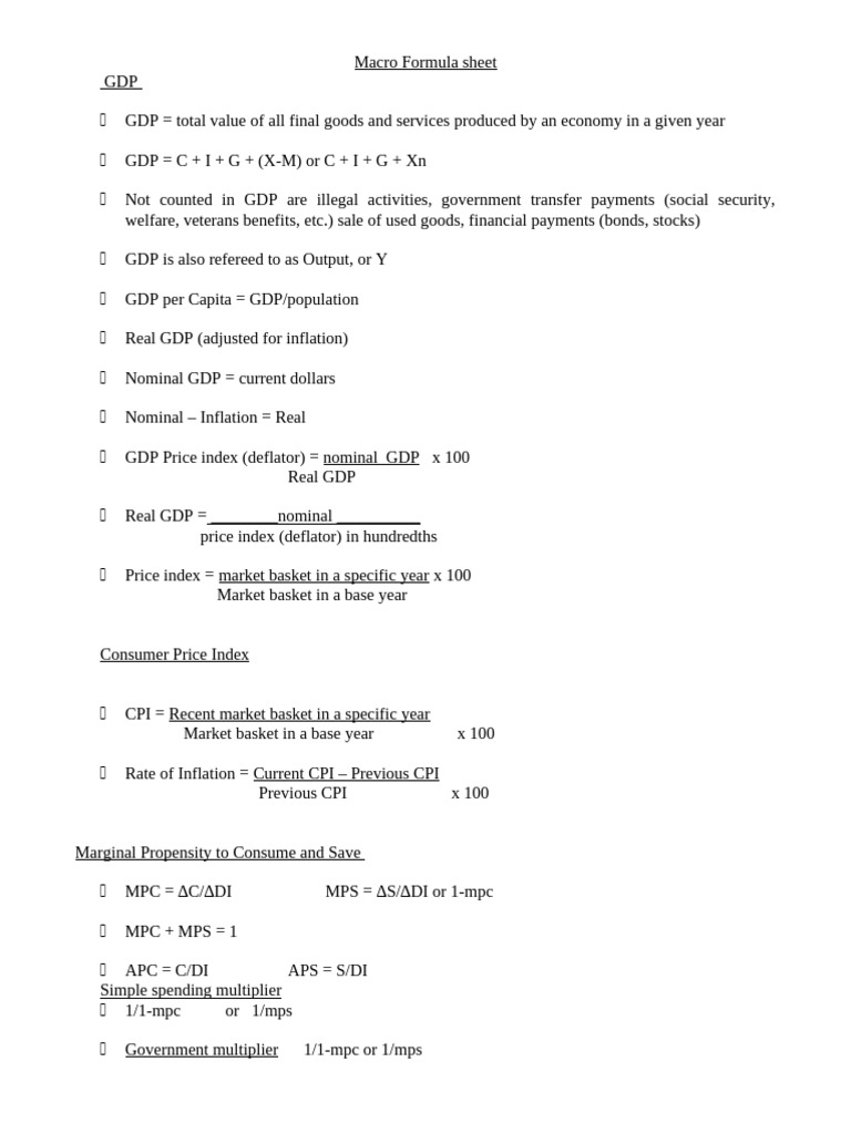 Macro Economics Formulas Guide | PDF | Money Supply | Unemployment