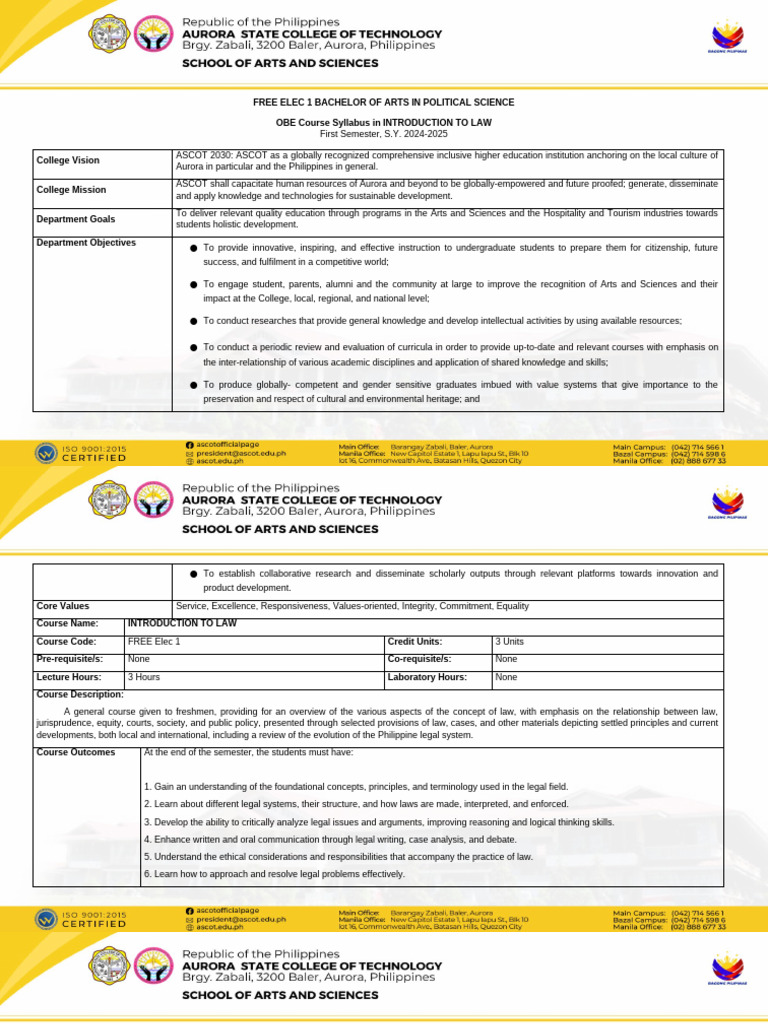 Introduction to Law Course Syllabus | PDF | Precedent | Statutory ...
