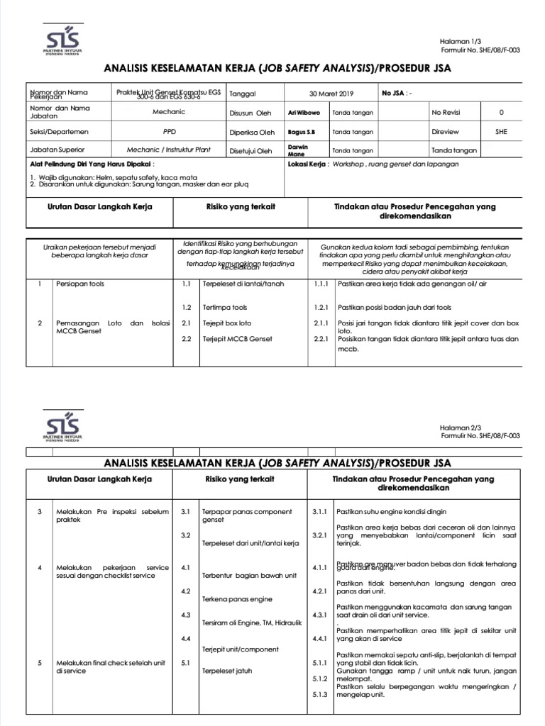 PDF Jsa PPD Praktek Unit Genset - Compress | PDF