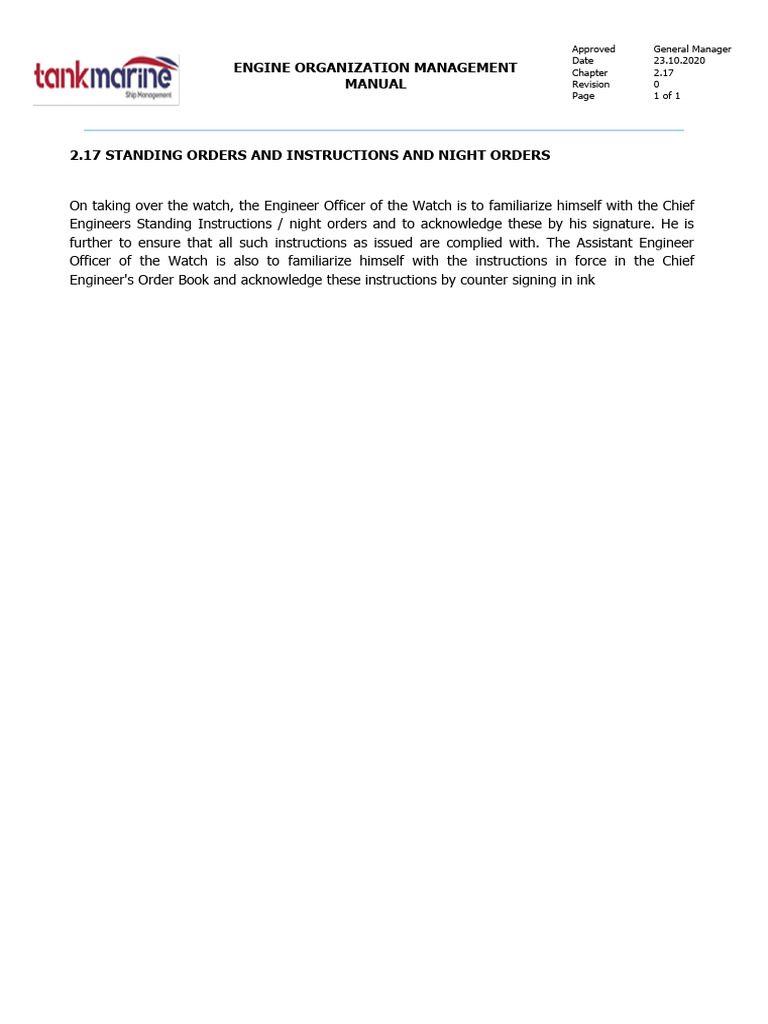 Chief Engineer Night Orders Manual | PDF