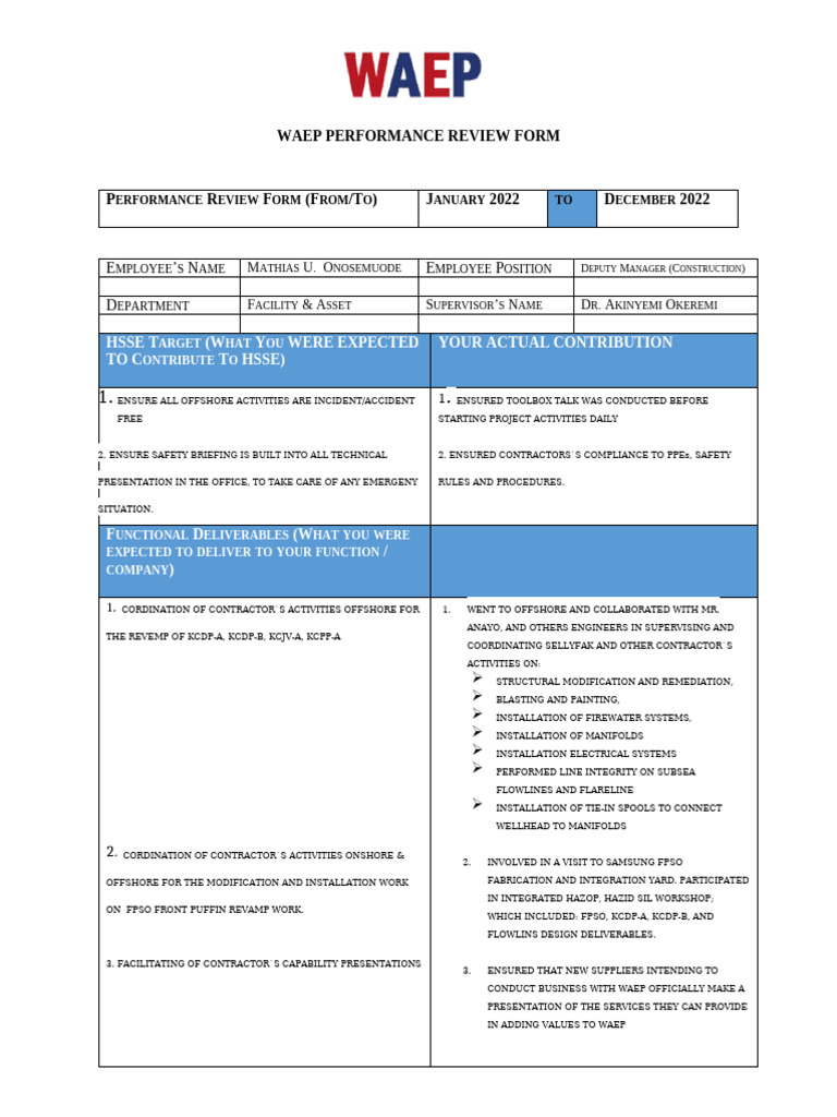 WAEP Performance Review 2022: Mathias Onosemuode | PDF | Business