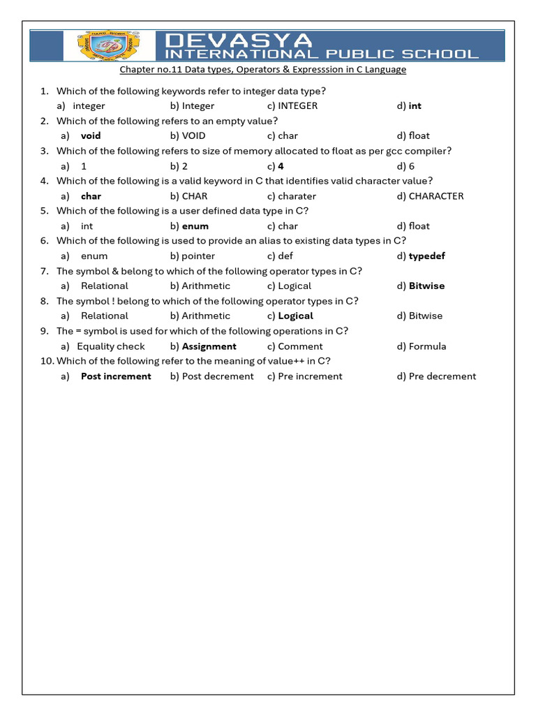STD 10th CH 11 Data Types, Operators & Expresssion in C Language | PDF