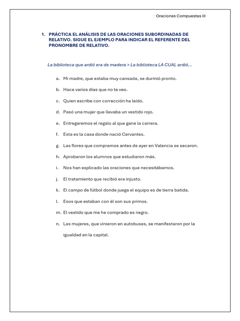 EJERCICIO III ORACIONES COMPUESTAS (Coord. Sust. Relat.) | PDF