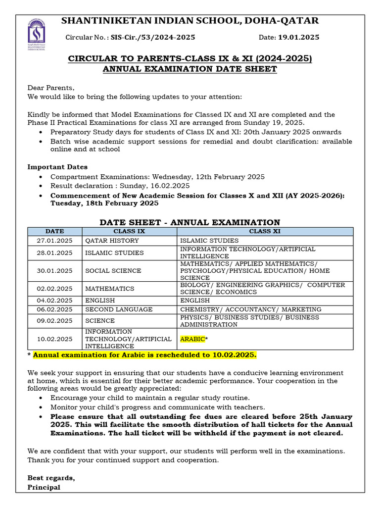 CIRCULAR-53 - Updated Schedule For Annual Examination Classes IX & XI ...