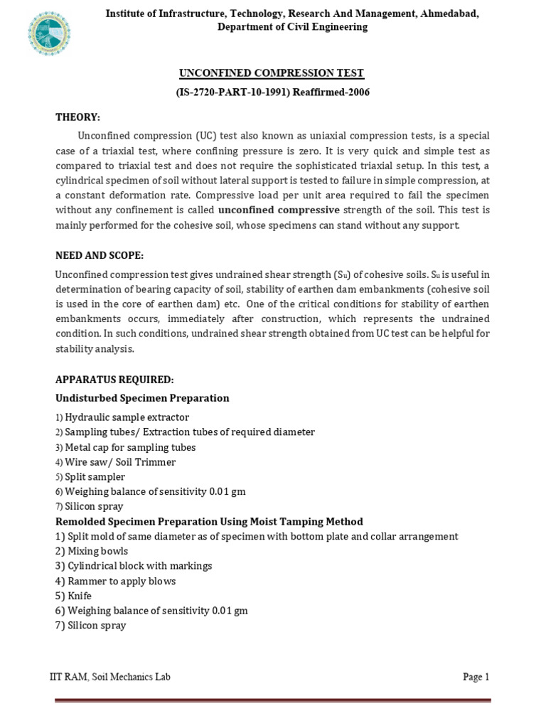 Unconfined Compressive Strength Test | PDF | Deformation (Engineering ...