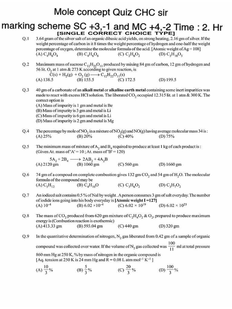 (Mole Concept) Practice Quiz CHC Sir | PDF