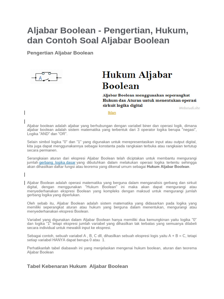 Hukum dan Contoh Aljabar Boolean | PDF