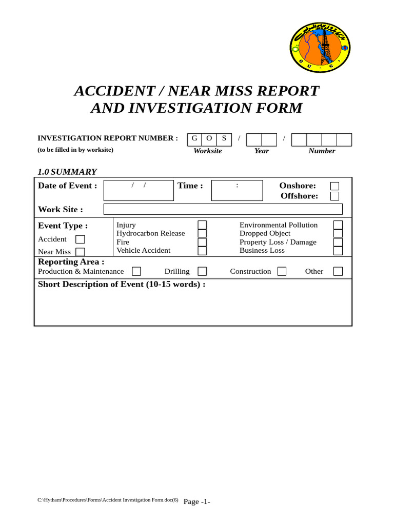 Accident and Near Miss Investigation Form | PDF | Offshore Drilling ...