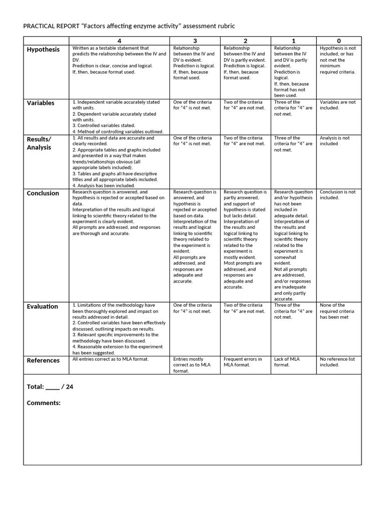 Enzyme Activity Assessment Rubric | PDF