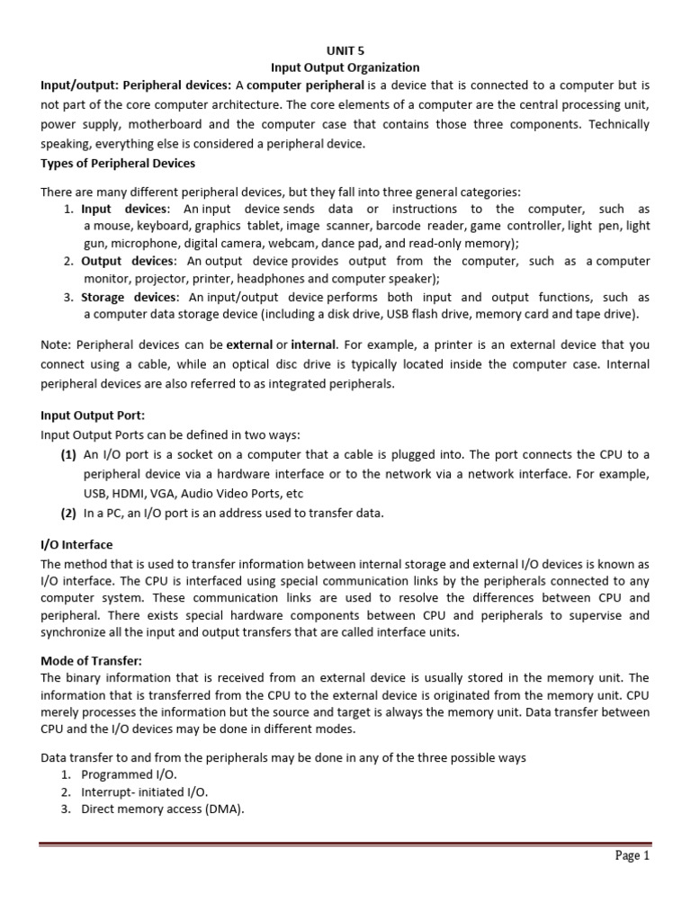 COA Unit 5 Modified | PDF | Input/Output | Computer Data Storage