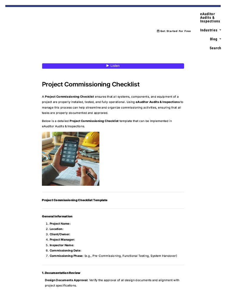 Project Commissioning Checklist - Eauditor Inspections | PDF ...