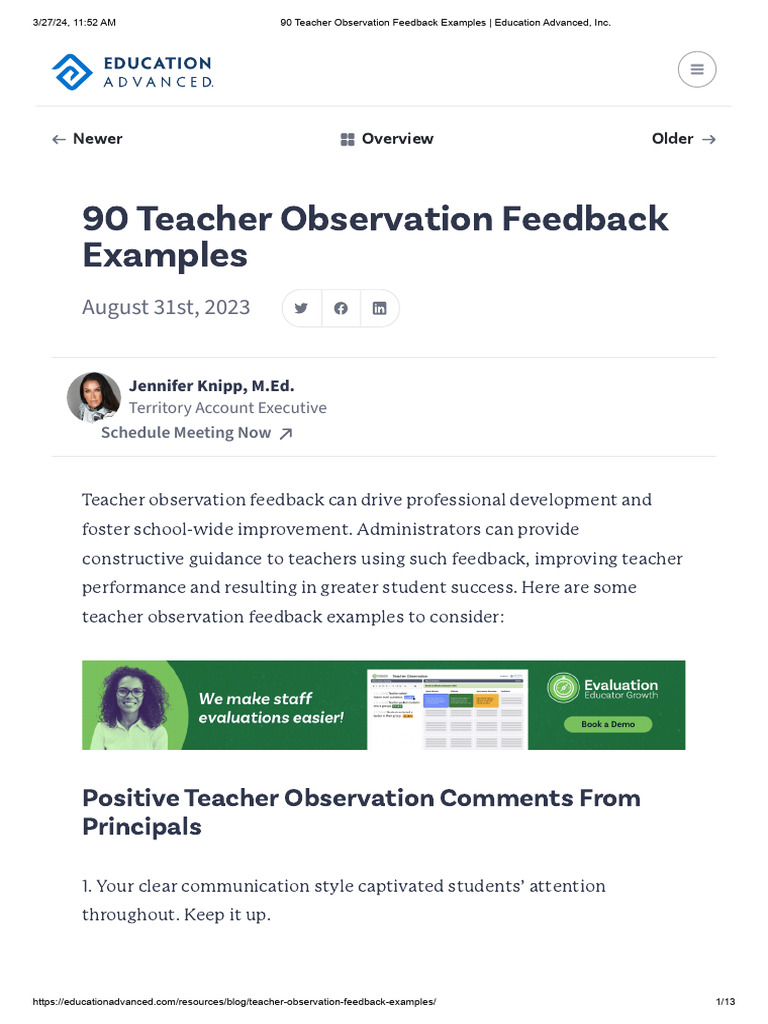 90 Teacher Observation Feedback Examples - Education Advanced, Inc ...