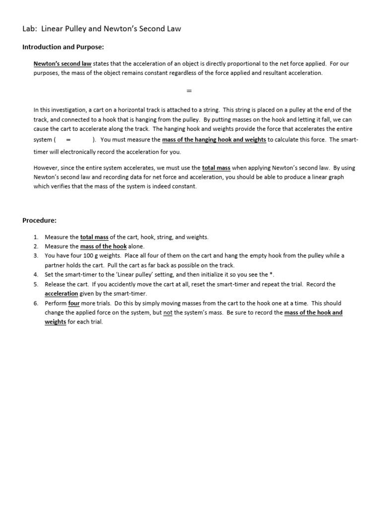 Newton's Second Law Lab: Pulley System | PDF