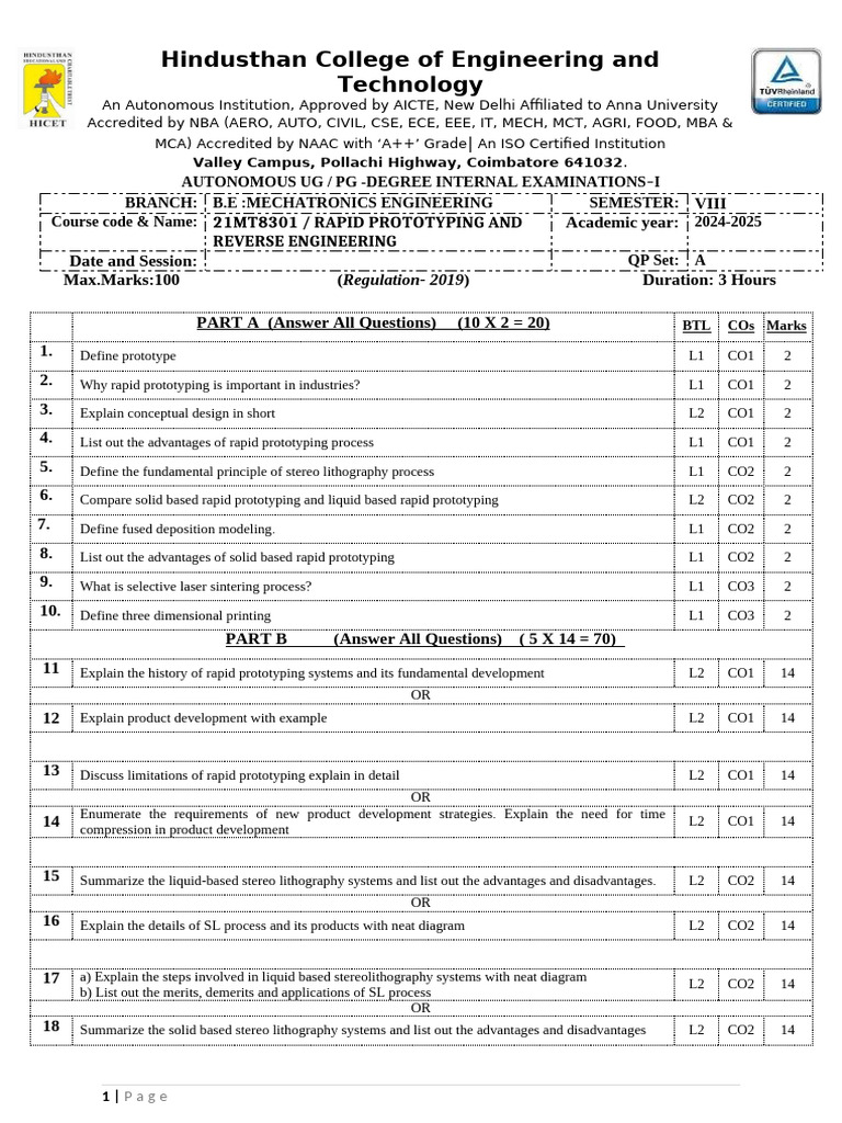 Rapid Prototyping Exam Paper 2024-2025 | PDF | Secondary Sector Of The ...