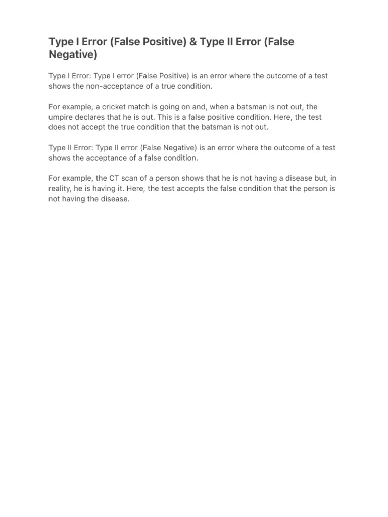 Type I Error (False Positive) & Type II Error (False Negative) | PDF