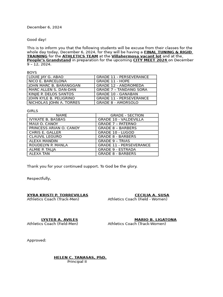 Student Excusal for Athletics Training | PDF
