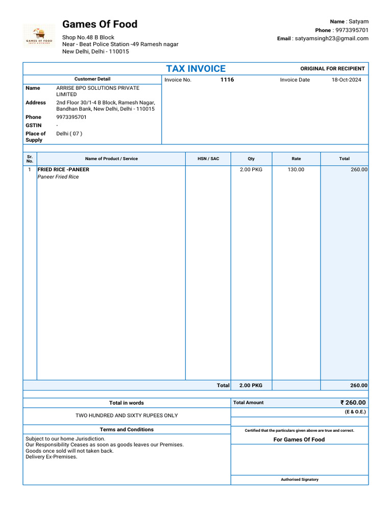 Tax Invoices for Fried Rice Orders | PDF