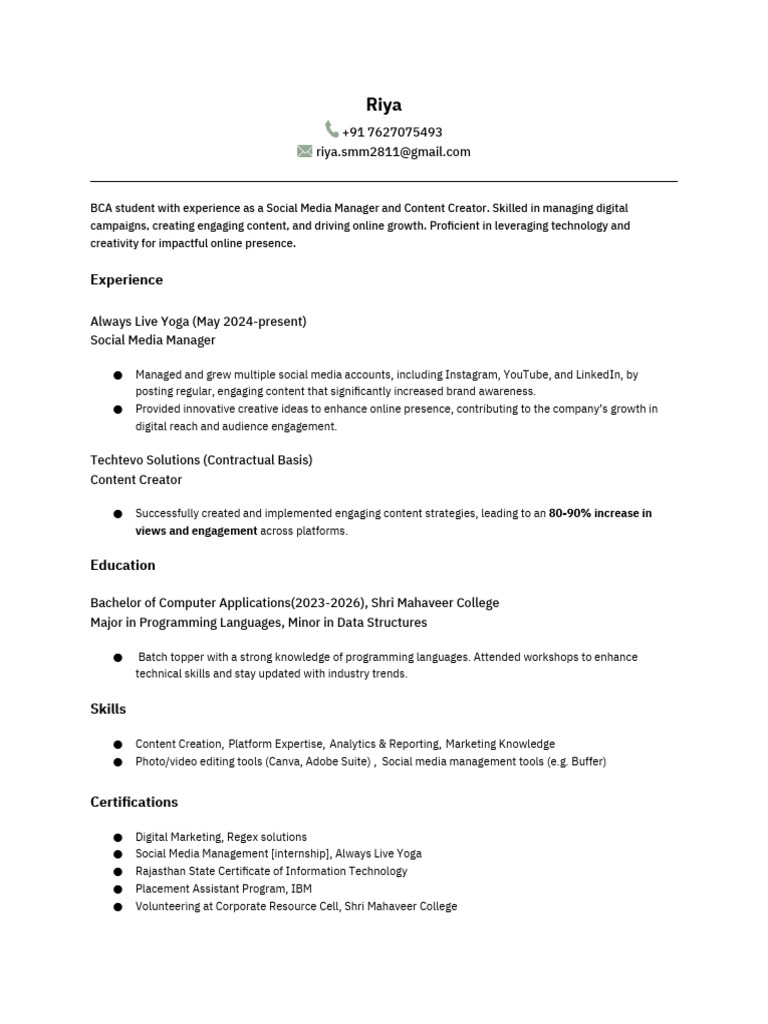 College Graduate Resume: Riya's Profile | PDF