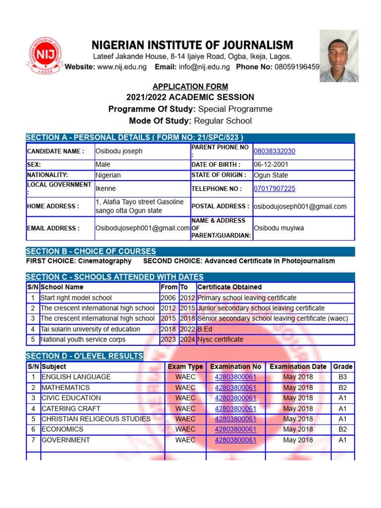 Nigerian Institute of Journalism-Application Form - Osibodu Joseph ...