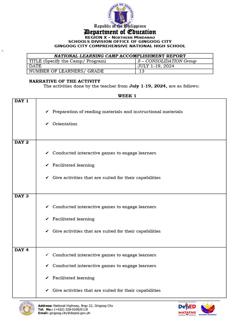 Daily Accomplishment Report Template | PDF | Learning | Behavior Modification