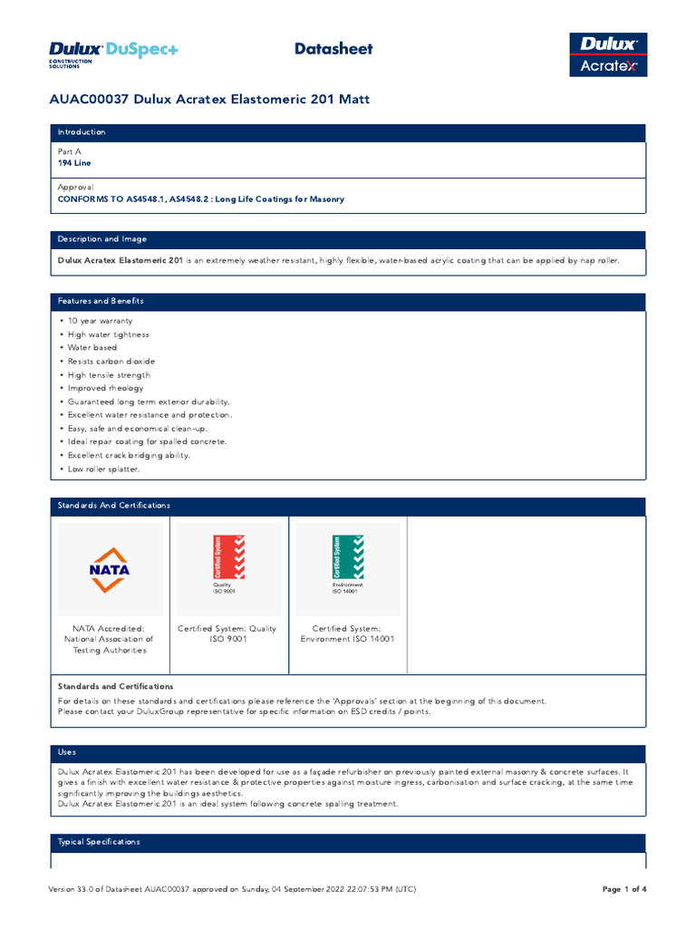 Dulux Acratex Elastomeric 201 Matt | PDF | Concrete | Masonry