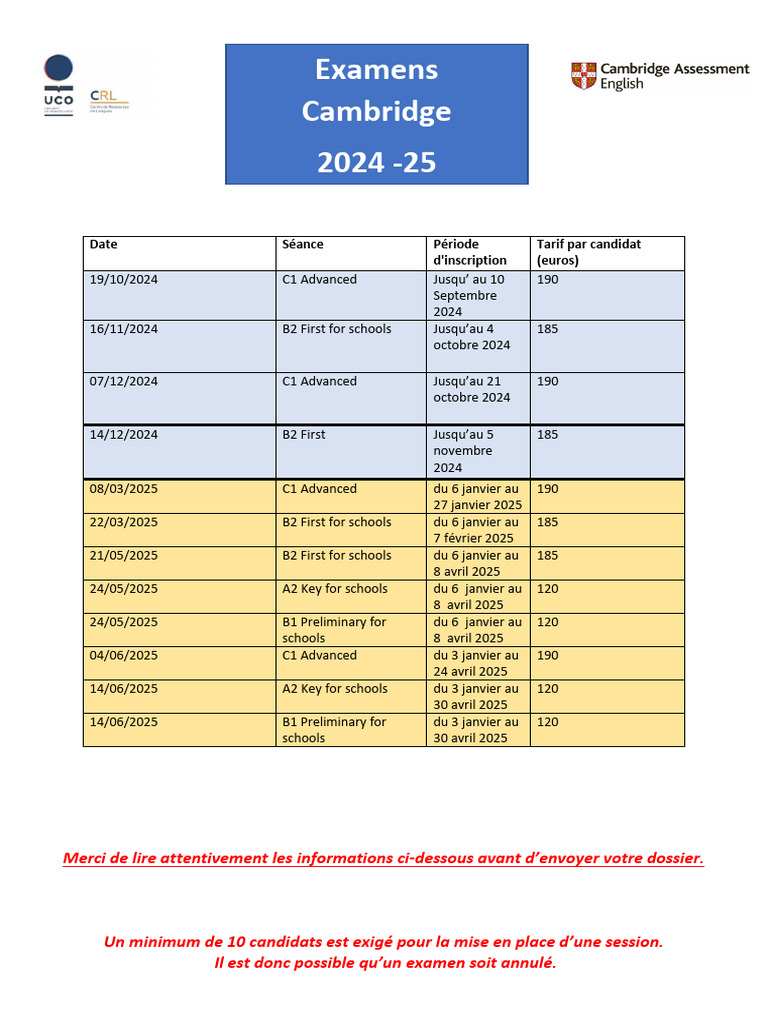 Fiche infos Cambridge 2024-25 | PDF