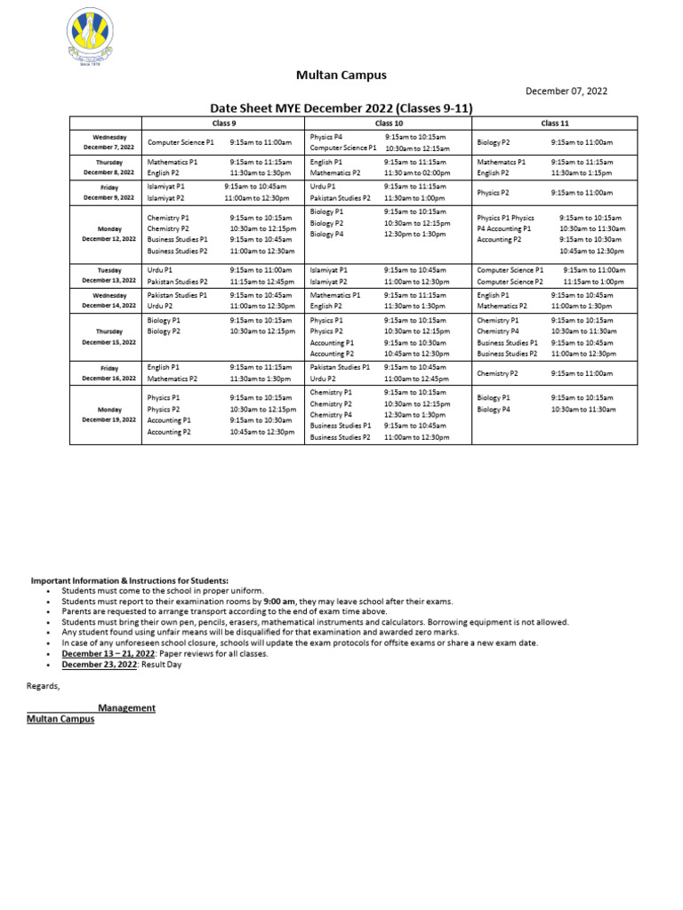 MYE 2022-23 O Level Date Sheet | PDF