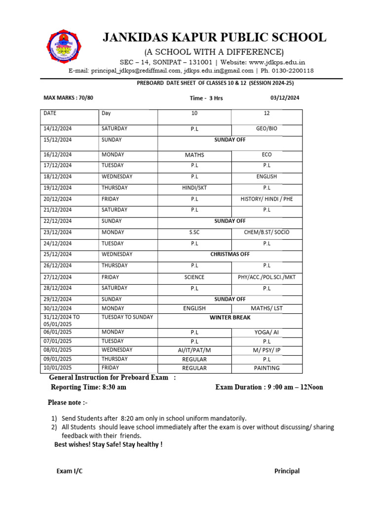 PREBOARD DATE SHEET (10 & 12) | PDF