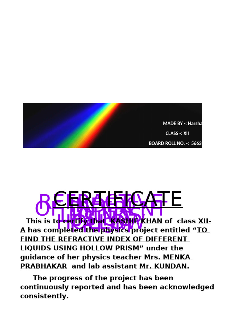 Hollow-Prism XII Physics Investigatory Project | PDF | Refraction ...