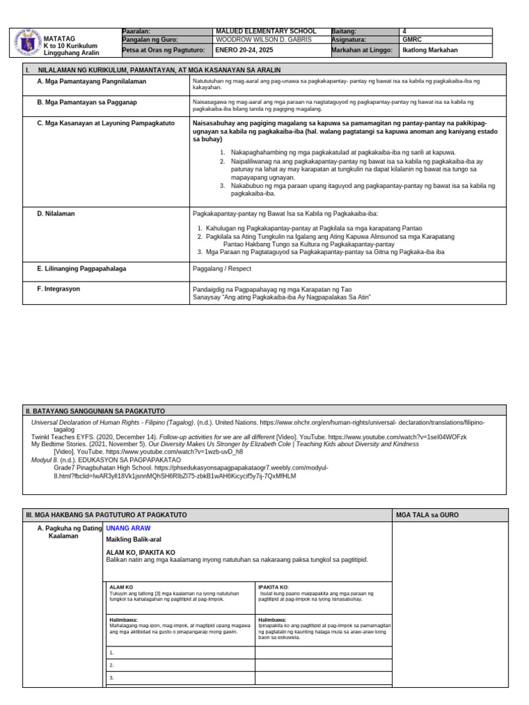 DLL Matatag - GMRC 4 Q3 W4 | PDF