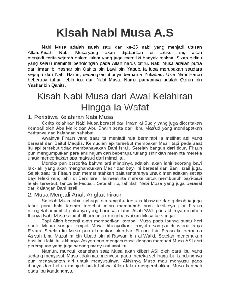 Kisah Nabi Musa: Dari Kelahiran hingga Dakwah | PDF