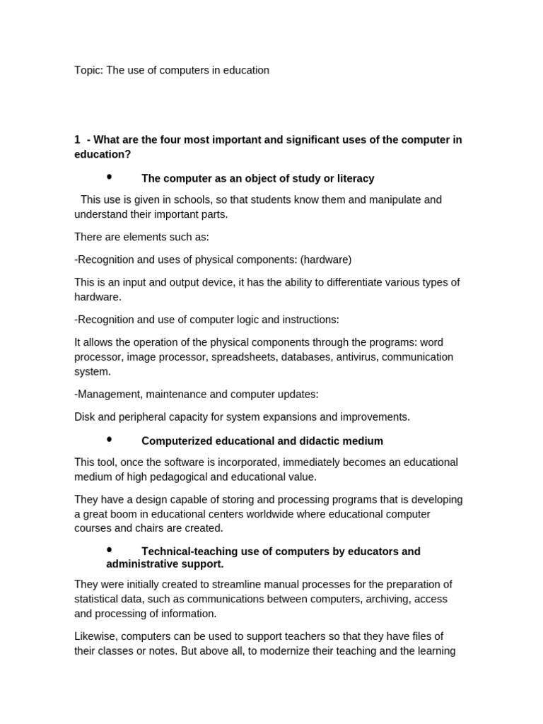 Uses of Computers in Education | PDF | Computer Hardware | Teachers
